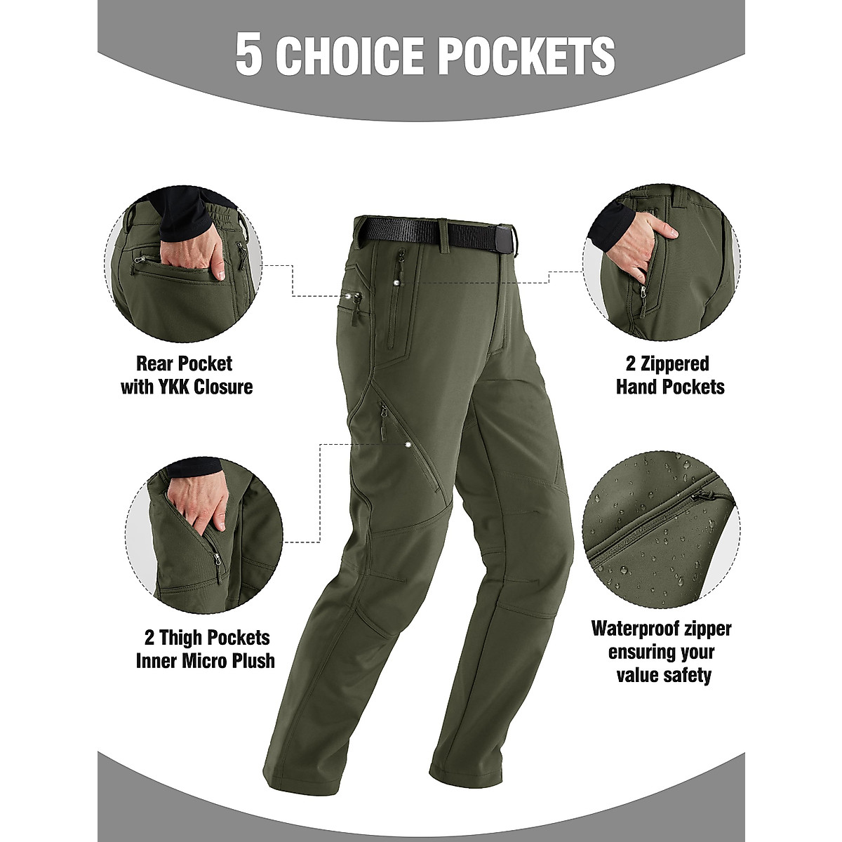FREE SOLDIER Men's Fleece Lined Outdoor Cargo Hiking Pants Water Repellent Softshell Snow Ski Pants with Zipper Pockets (Army Green 40W x 32L)