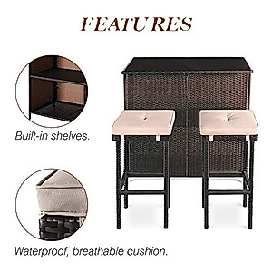 SOLAURA 3-Piece Outdoor Patio Bar Set Black Brown Wicker Bar Table Set Patio Furniture Set Outdoor Bar and Two Stools with Cushions for Backyards, Lawn, Garden, Deck, or Poolside