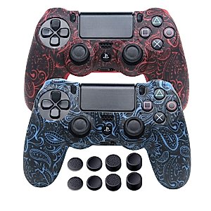 Silicone Controller Covers Compatible with PS4 Controller - 2 Pack of Anti-Slip Protector Controller Skin Case- with 4 Pairs Thumb Grips - Red & Blue