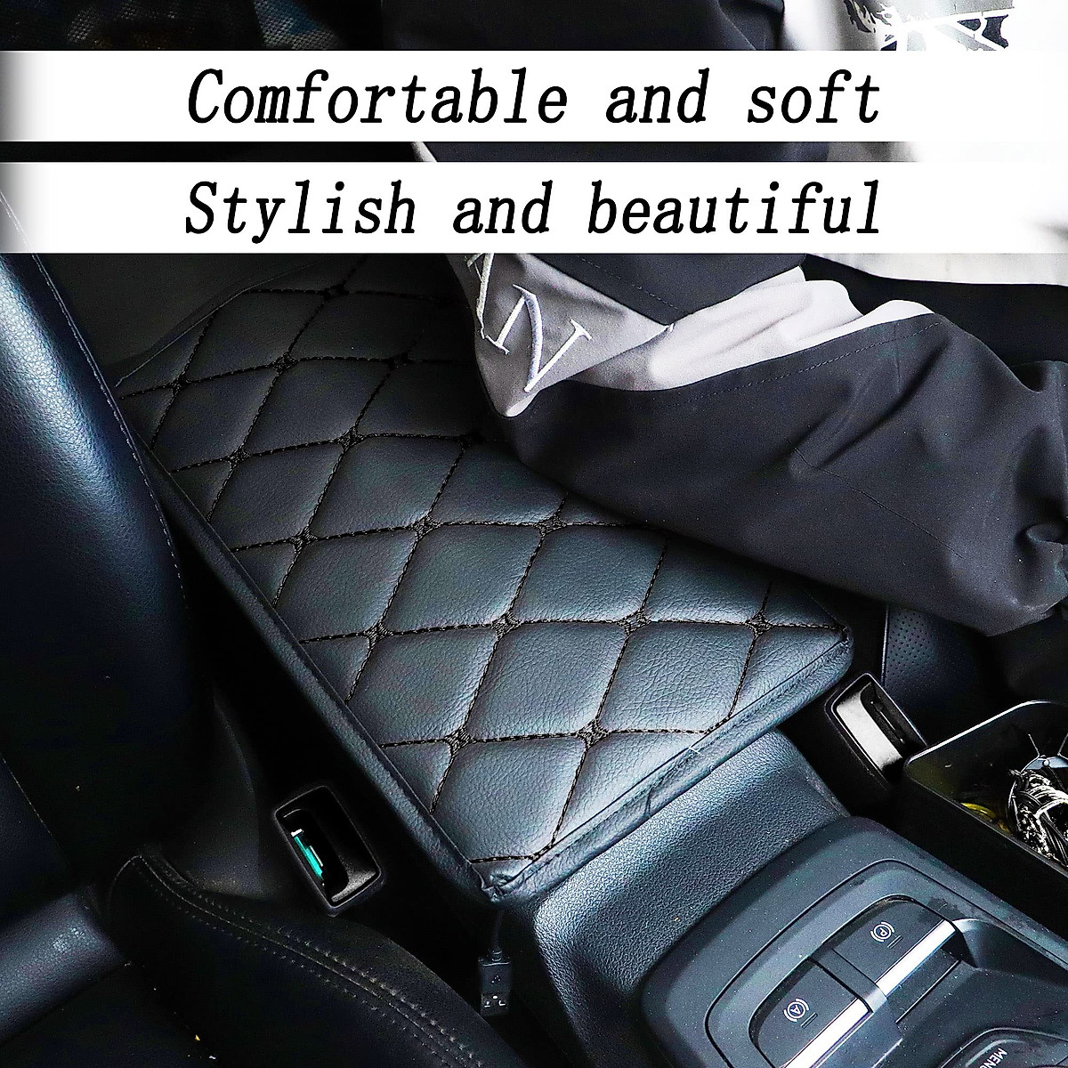 Four-Season Universal Leather Car Center Console Cover with Check Design Car Interior Accessories,Comfortable Center Armrest Pad,Prevents Scratches on Center Console for Truck,Car,SUV (Black)