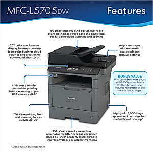 Brother MFC-L5705DW All-in-One Wireless Monochrome Laser, AutoDuplex Printing, Copy | Scan | Fax, 1200 x 1200 dpi, 42ppm, 256MB,50-Sheet ADF, WULIC Printer Cable