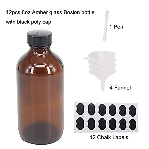 BPFY 12 Pack 8 oz Glass Boston Bottle With Black Poly Cap, Funnel, Chalk Labels, Pen, Dispensing Bottles for Homemade Vanilla Extract, Essential Oils, Herbal Medicine, Wedding Christmas Decor (Amber)