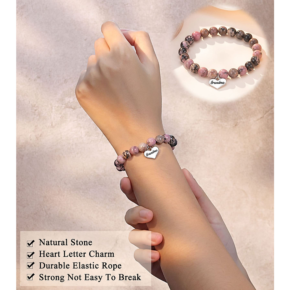 DiRikiss Grandma Bracelet for Women, Cubic Zirconia, 7inch, Stainless Steel, Heart Charm, Love Theme, Lobster Claw Clasp, Jewelry