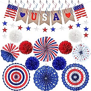 4th of July Decorations Independence Day Patriotic Decor Set - Red White Blue Paper USA Banner Flag Fans Star Streamer Pom Poms for Memorial Veterans Labor Presidents Flag Day Home Parties Accessories