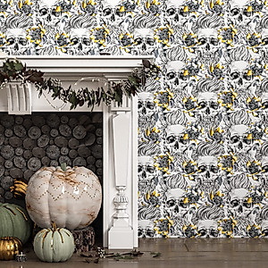 STICKEEP Skull Floral Wallpaper Stick and Peel Boho Gold Floral Peel and Stick Wallpaper for Bedroom Bathroom Wall Paper Black White Floal Contact Paper for Cabinets Self Adhesive Vinyl Roll 24”x118”