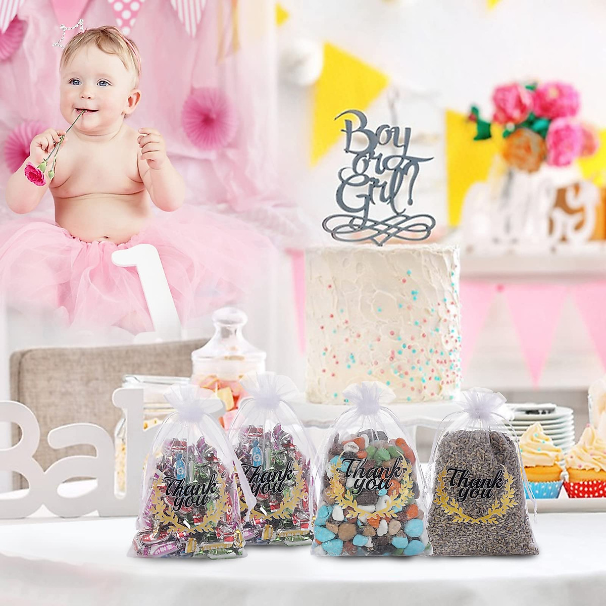 Hopttreely Small Thank You Bags Sheer Organza Bags, 100Pcs Wedding Favor Bags with Drawstring, 4X6 Jewelry Gift Bags for Party, Jewelry, Christmas, Festival, Makeup Mesh Favor Bags (White)