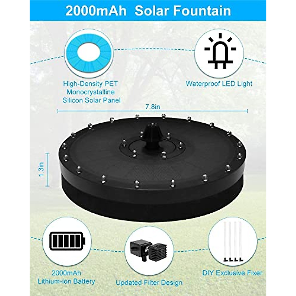 Yzert 3.5W Solar Fountain with White LED Light, Built-in Battery Bird Bath Fountains Solar Power with 4 Fixed Rods, Solar Fountain Pump for Bird Bath Pool, Pond,Outdoor and Garden