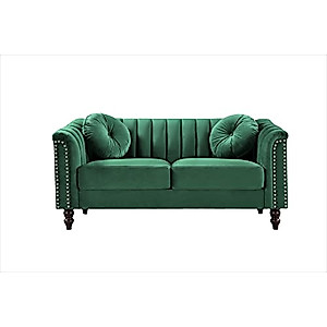 Container Furniture Direct Tufted Velvet Sofa with Removable Cushions and Turned Wood Legs, Elegant Living Room Furniture for The Modern Home, 61.4 Inch Loveseat, Green