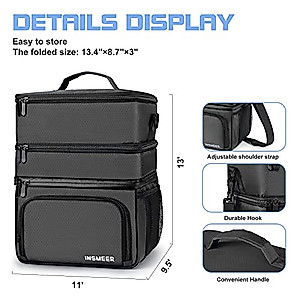 INSMEER 3 Compartments Lunch Box, 20L Large Lunch Box for men Insulated Lunch Bag with Sturdy Bottom/Shoulder Strap/Waterproof Zipper, Lunch box For Work/Office/Driver/Beach/Picnic (Black)