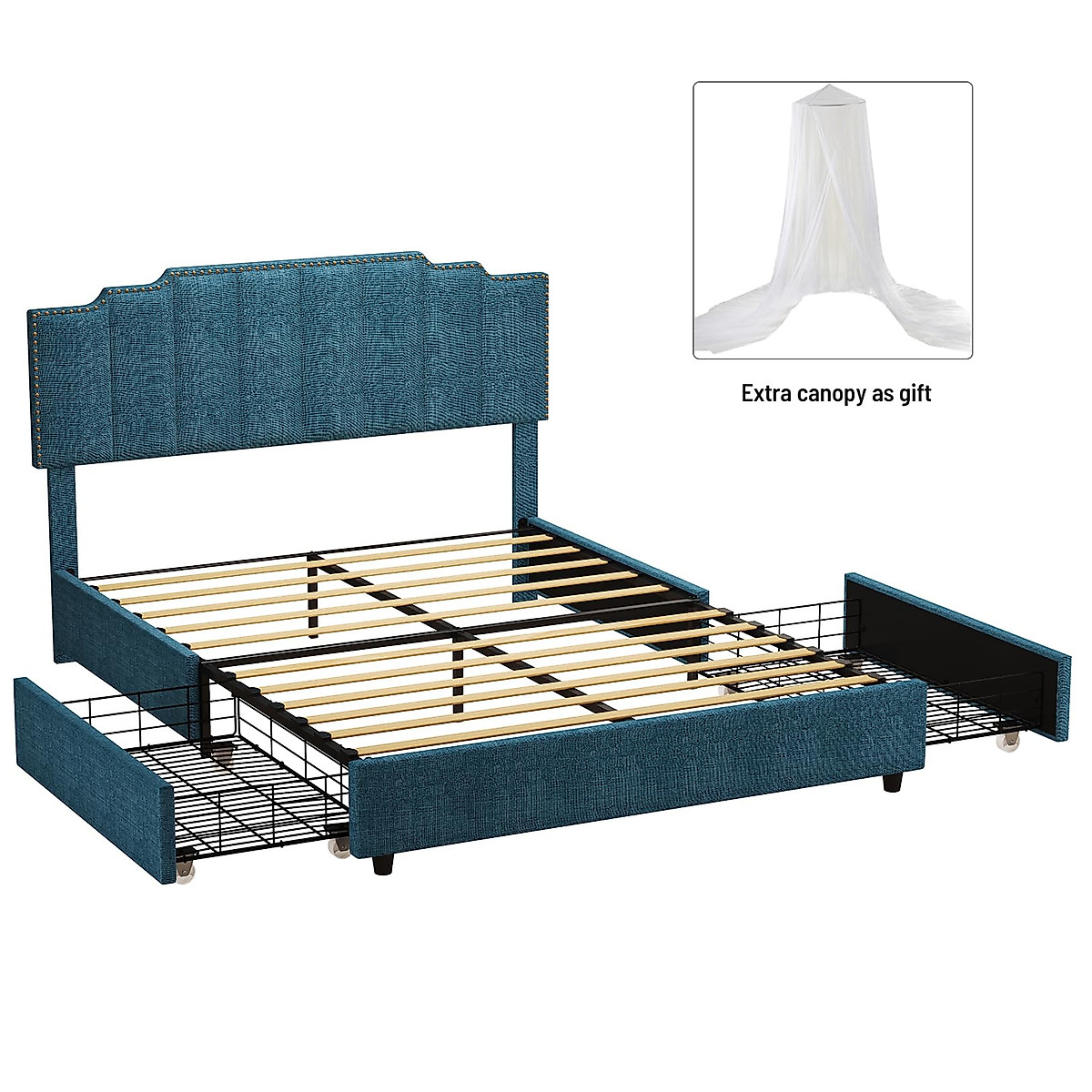 Queen Size Linen Upholstered Platform Bed Frames with Adjustable Headboard, Rivets Design Platform Bed with 2 Storage Drawers, Noise-Free for Bedroom Small Living Space Boys Girls Adults Teems, Blue