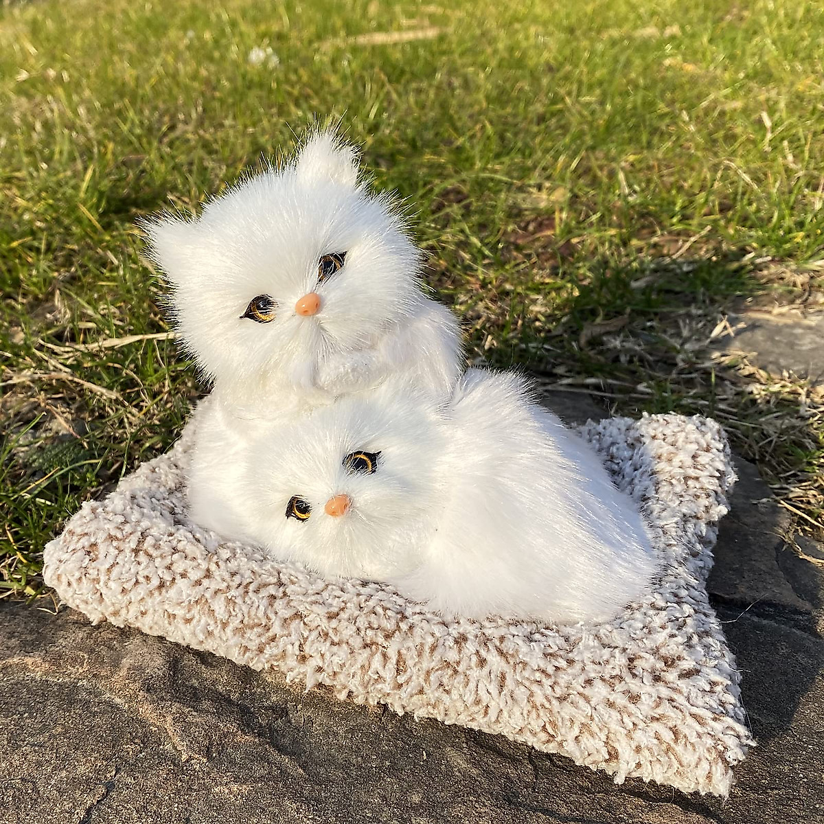 2 in 1 Simulation Furry Kittens Realistic Couple Cats on Rug/Home Shelf Car Decorative Statue - Pad Filled with Activated Carbon Beads (White)