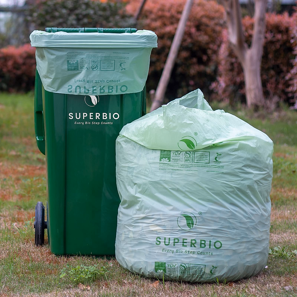SUPERBIO 33 Gallon Compostable Yard Waste Bags, Lawn & Leaf Bags, 40 Count, ASTM D6400, BPI and OK compost INDUSTRIAL