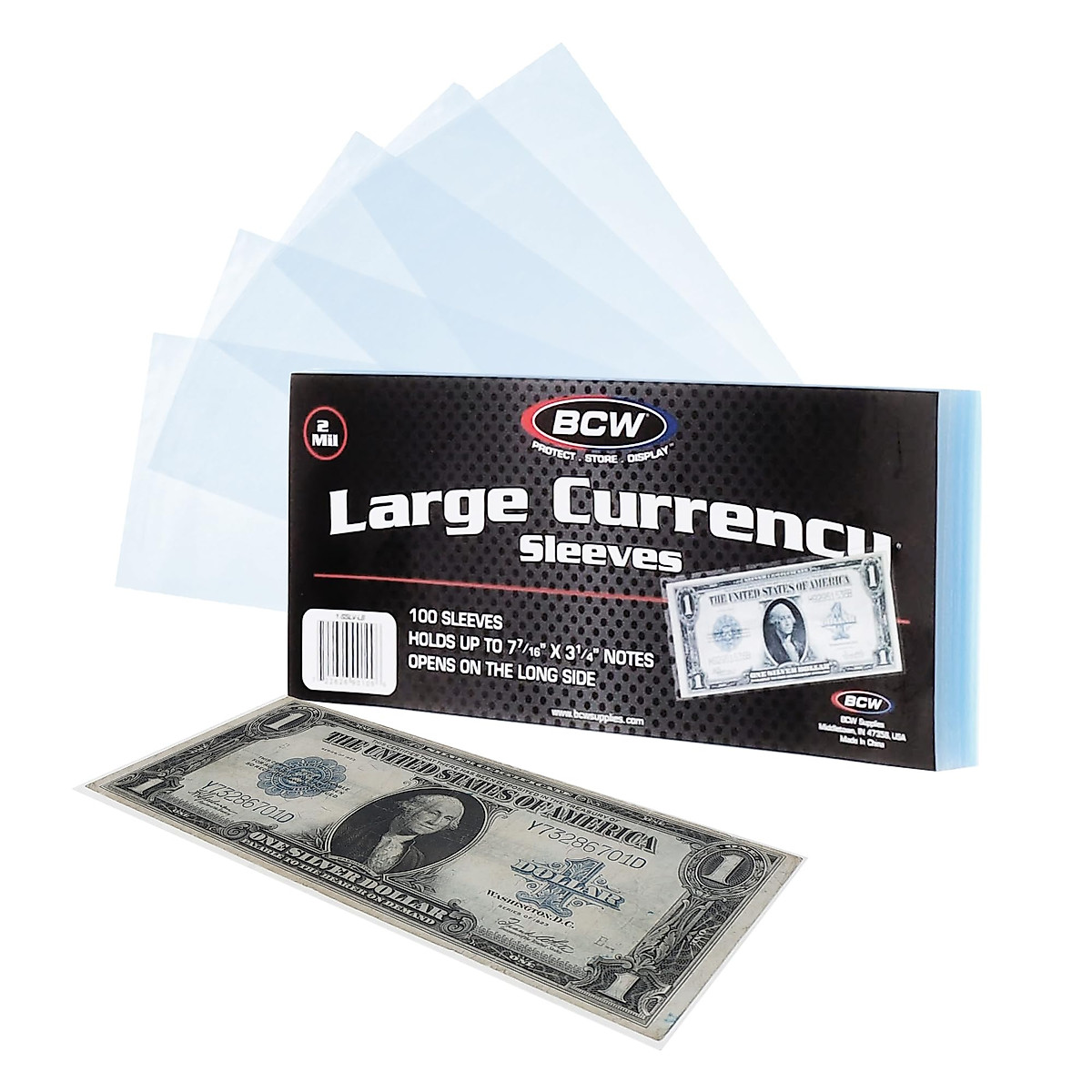 BCW Large Bill Currency Sleeves - 100-Pack | Acid-Free, Archival Safe Polypropylene Sleeves for Collectible Currency | Clear Money Protectors for Storage and Display | Large US Currency Holders