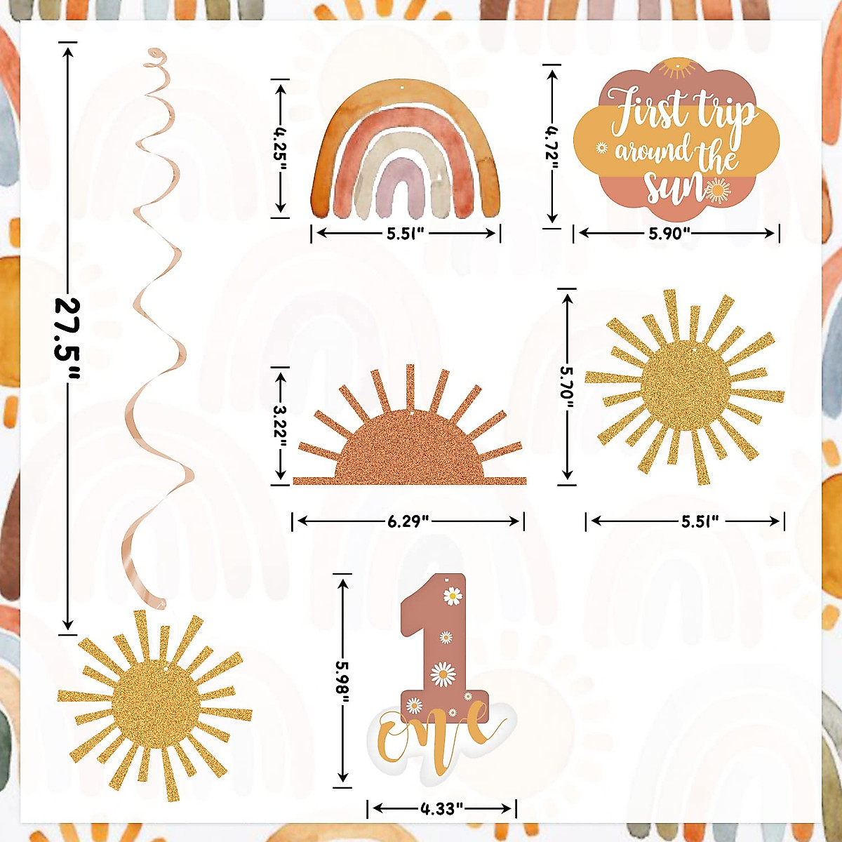 K KUMEED First Trip Around The Sun Birthday Decorations, 20pcs Boho Sun 1st Birthday Ceiling Hanging Swirls, Boho You are My Sunshine Birthday Party Decorations for 1st Birthday Girl, Boy