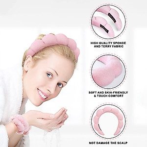 YJTIMEGS Sponge Spa Headband for Washing Face, Spa Terry Towel Cloth Fabric Head Band with 2PCS Wrist Washband, Bubble Headband Makeup Headband for Face Washing Shower Skincare Makeup Removal(Pink)