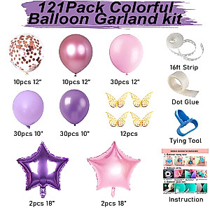 126 Pcs Butterfly Pink and Purple Balloon Garland Kit, Butterfly Theme Balloon Arch with Gold Butterfly Star Foil Balloons for Girls Women Birthday Baby Bridal Shower Wedding Party Decoration