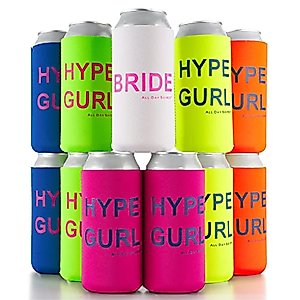 HYPE GURL Bachelorette Party Skinny Can Sleeves 11 Pack - Insulated Neoprene Drink Holders, Fit Slim Spiked Hard Seltzer Beer Cans Bridal Shower Decorations Supplies Favors - Neon