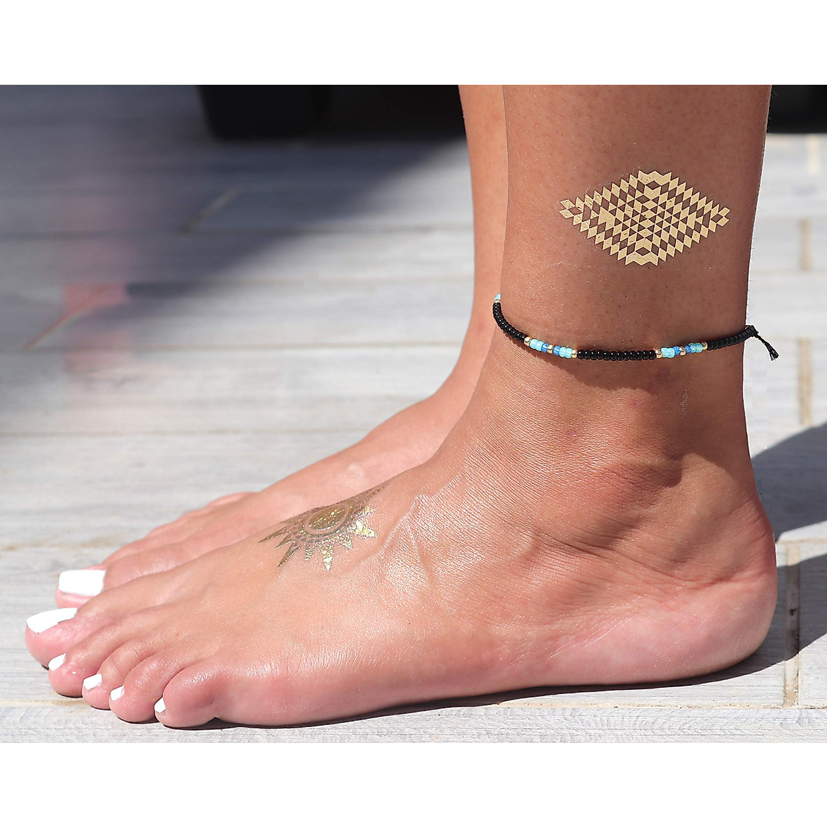 Anklet for Women, Unique Beaded Thin Anklet, Black Gold Colorful Boho Hippie Waterproof Beach Foot Jewelry, Native American Style, Handmade by Tribes (S-M (adjustable))