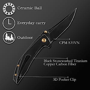 KANSEPT Baku Pocket Folding Knives for Men EDC Camping Folding Knife 3.2'' CPM-S35VN Material Women Folding Knives with Titanium Copper Carbon Fiber Handle Everyday Carry K1056A1
