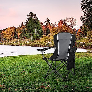 HIGH POINT SPORTS Oversized Camping Folding Chair, Heavy Duty Outdoor Chair with Armrest, Portable Lawn Chair with Cup Holder for Adults Support 350 LBS, Gray-Black