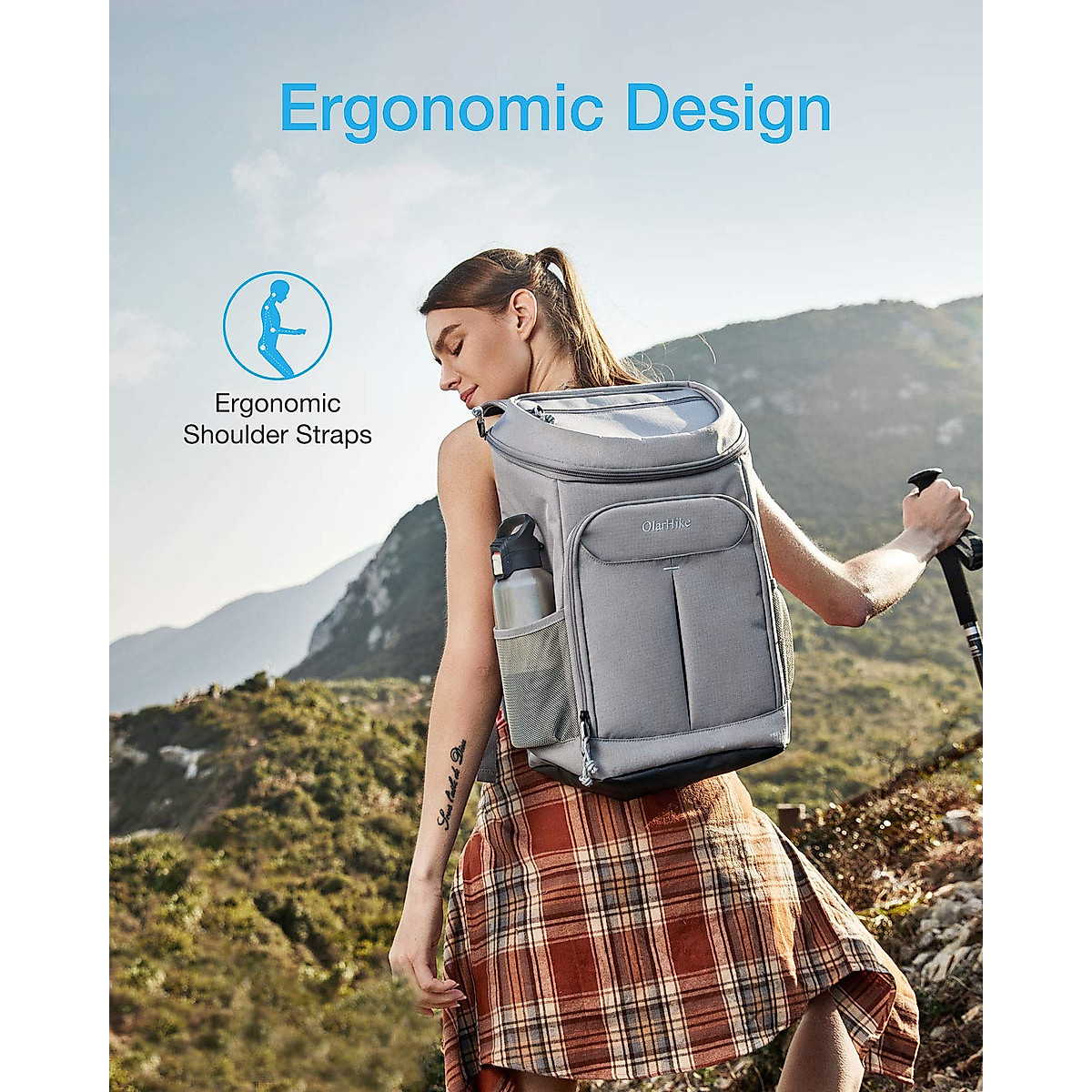 OlarHike Cooler Backpack, Soft Leak-Proof 30 Cans Insulated Backpack Cooler Bag for Picnics Hiking Camping (Grey)