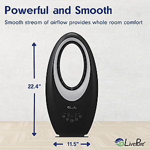 LivePure Bladeless Oscillating Fan. 3-Speed Adjustment, Touch Control, Quiet Cooling Fan. Stand Up Fan for Bedroom, Office, Kitchen. Black