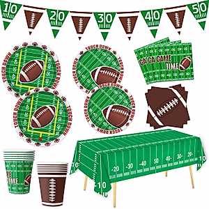 Football Party Supplies Tableware Set Football Theme Party Decorations Including Plates Napkins Cups Touchdown Tablecloth Banner for Football Birthday Party, Serve 24 Guests
