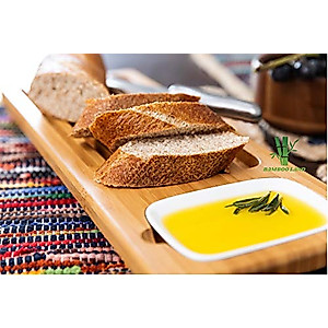 Bamboo Land- Bamboo Sweep Off Baguette Board with Bread Crumb Catcher and Ceramic Dipping Dish, 18” x 7”, Bread Cutting Board with Crumb Catcher, Board for Cutting Bread, Bread Cutter Knife