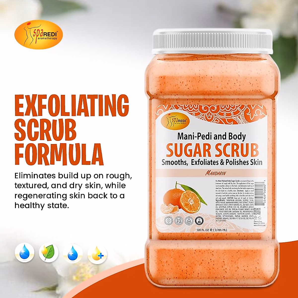 SPA REDI - Sugar Body Scrub, Mandarin, 128 Oz, Exfoliating, Moisturizing, Hydrating and Nourishing, Glow, Polish, Smooth and Fresh Skin - Body Exfoliator