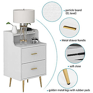 Tribesigns White Nightstand, Modern Bedside Table with 2 Drawers, Nightstands with heightened Shelves, Tall Nightstand with Golden Metal Legs, Bed Night Table for Bedroom, Big Wooden Night Stand