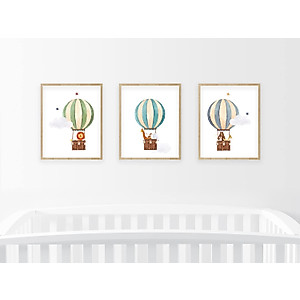 bumbleboo Nistio® Hot Air Balloon Safari Animals Nursery Wall Prints, Play Room Decoration, Nursery Wall Art, Nursery Room Decor, Safari Animals Print Set, Unframed, Set of 3 Prints, 8x10