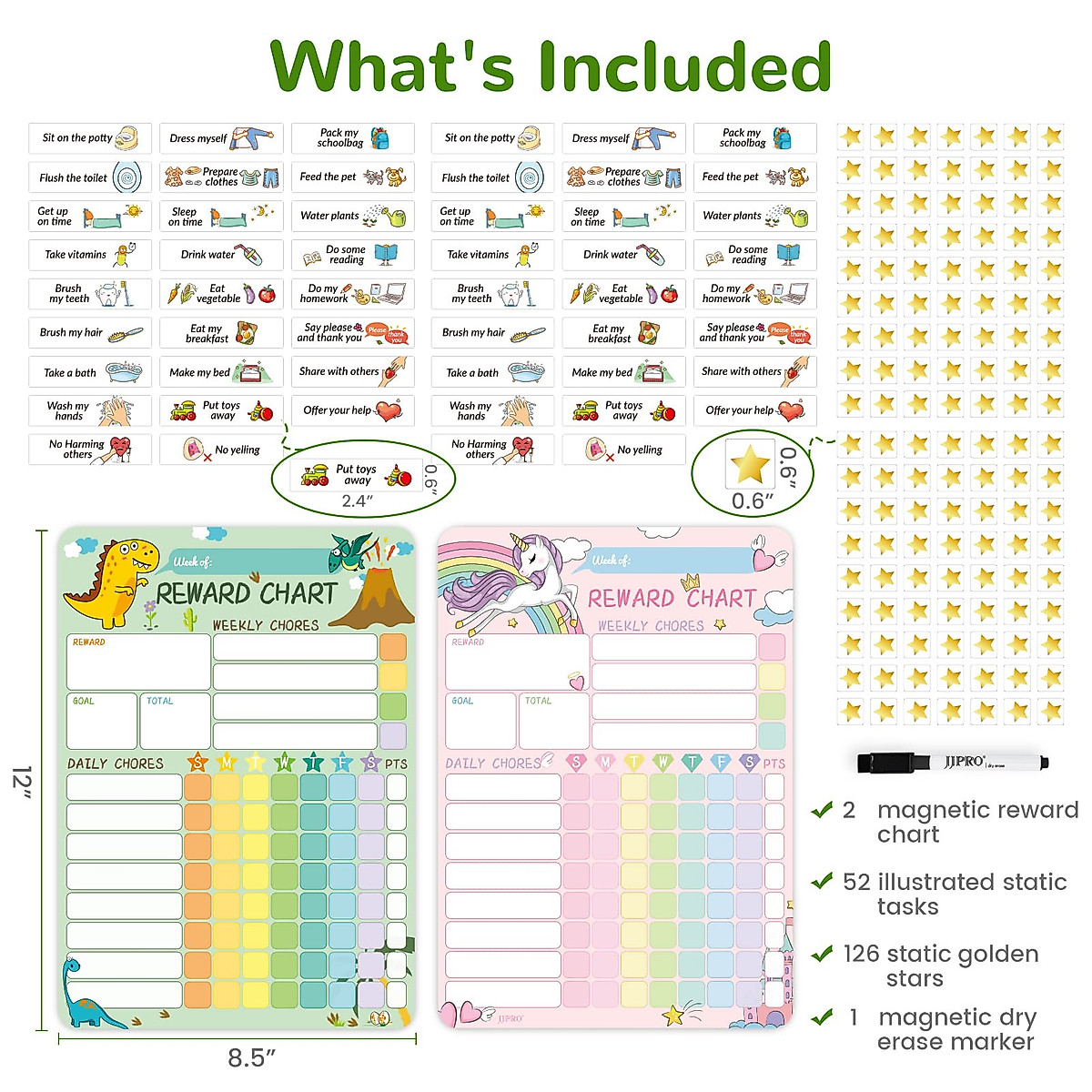 Magnetic Dry Erase Chore Chart for Two Kids, Reward Chart for Kids Behavior. Includes 52 Static Tasks, 126 Golden Stars and Dinosaur & Unicorn Magnetic Charts Each