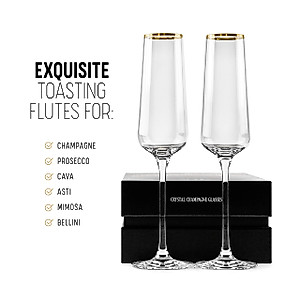 Gold Rim Champagne Gift Glasses | Set of 2 | Crystal Square Toasting Flutes for Bride and Groom, Wedding, Anniversary, Birthday | Elegant Long Stemmed Glassware for Sparkling Wine, Prosecco