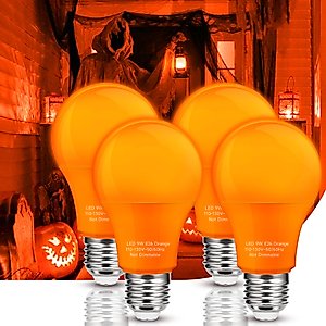 Nouscan Orange LED Light Bulbs Outdoor, 9W Equivalent 60W, E26 Medium Base A19 Decorative Orange Colored Light Bulb for Halloween, Christmas, Thanksgiving Day, Porch Party Bar Decor, Non-Dim, 4 Pack