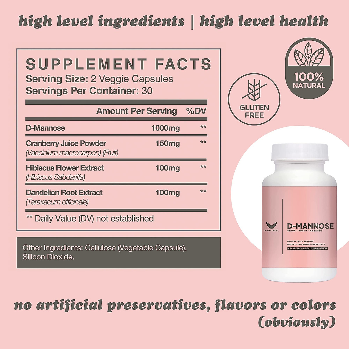 High Level D-Mannose, Urinary Tract & Bladder Health Support with Cranberry, Hibiscus Flower & Dandelion Root, Urinary Tract Health for Women, Cleanse and Flush Impurities, UT Supplement, 60 Capsules