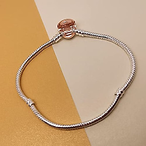 QeenseKc Rose Gold Heart Clasp Snake Chain Bracelet for Women Girls fit European Pandora Style Charm Bead 19cm (BR_Barrel_Heart_Rose_19)