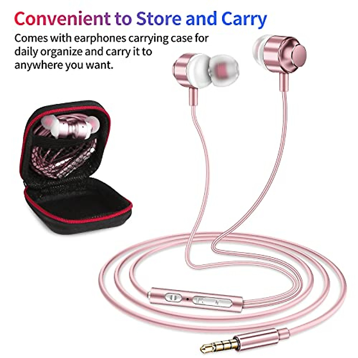 3.5 mm Headphones Magnetic Digital Earbuds for Samsung Galaxy A52 A33 A13 A03s Noise Canceling in-Ear Wired HiFi Stereo Bass Kids Women Small Ears Earphones for Tablets MP3 MP4 PS5 Rose Gold