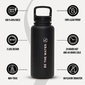 BE THE WATER 32 oz Sports Water Bottle with a Pouch 3 Lids 2 Straws - Keeps Hot and Cold Water, Leak Proof, Double Walled Vacuum Insulated Stainless Steel, Metal Water Bottles