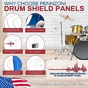 PENNZONI Drum Shield 4ft w/Chrome Hinges, Comes w/ 4 Drum Panels, & 6 Chrome Hinges, Premium Clear Acrylic Panels, Drum Screen