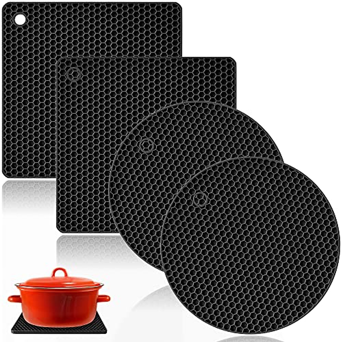 FELIBAY Silicone Trivet Flexible Pot Mats Non Slip Potholder Heat Resistant Kitchen Trivet Hot Pads, Multi Purpose Pot Holder Jar Opener Spoon Holder Oven Mitts (Black)