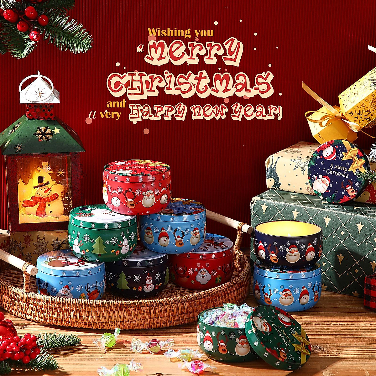 Mumufy 24 Pcs Christmas Cookie Tins 8 Styles Candy Tinplate Retro Tins Candle Tin Storage Containers Metal Cookie Jars Round Nesting Containers for DIY Candles, Dry Storage, Spices, Tea, Candy