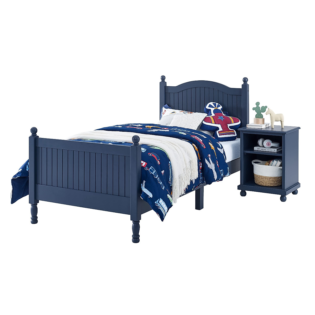 MUSEHOMEINC Wooden Twin Bed Frame with Headboard & Footboard Designed with Classic Ball finials, Beadboard Paneling and Lathe-Turned feet，No Box Spring Needed (Blue)