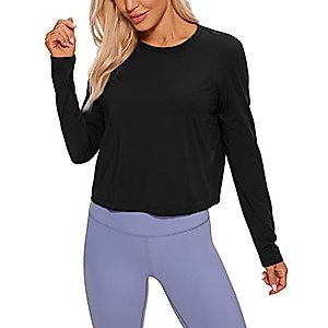 CRZ YOGA Pima Cotton Long Sleeve Workout Shirts for Women Loose Cropped Tops Athletic Sports T-Shirt Black Small