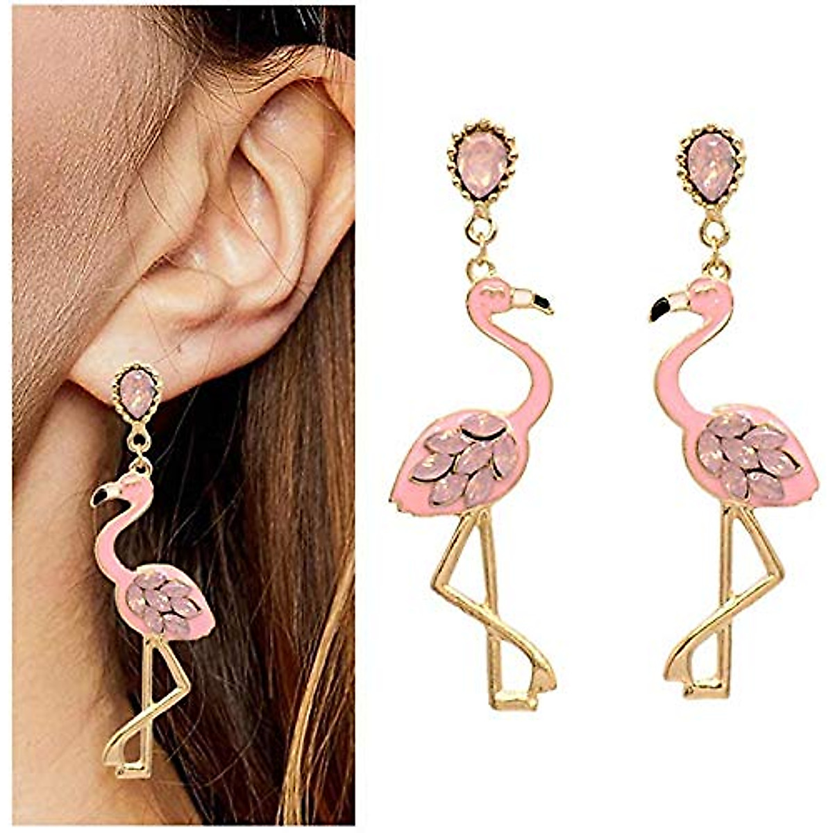 Pink Enamel Oil Flamingo Bird Dangle Earrings for Women Hypoallergenic Jewelry Cute Animal Flamingo Crystal Earrings (Pink)