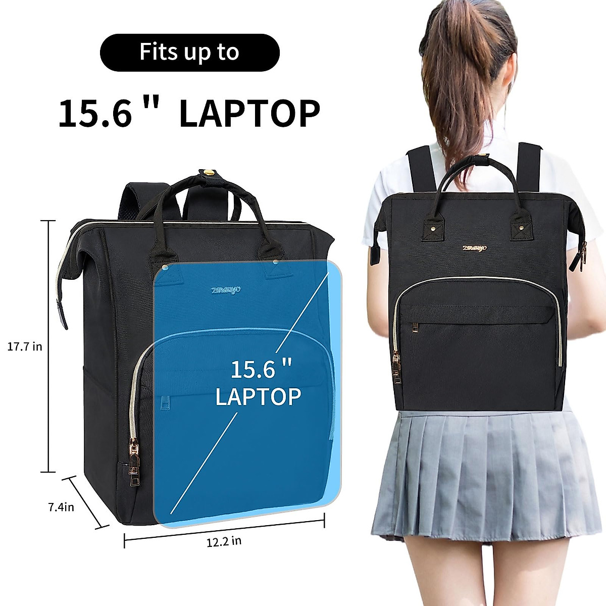 ZIRANYU Large Travel Backpack for Women, 15.6 Inch Laptop Backpack, Computer Work Bag, Waterproof Business Backpack, Nurse Teacher Backpack with USB Port, Black