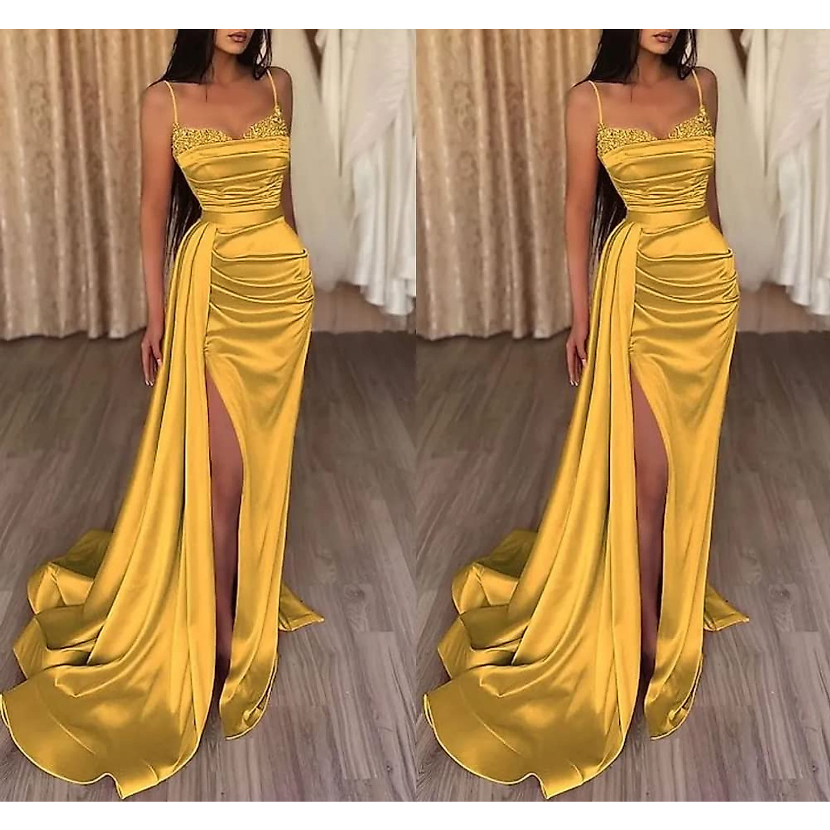 Princess Glitter Prom Dresses for Women with Train Mermaid Sequin Ruffled Satin Evening Formal Gowns Wisteria Size 8