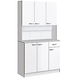 HOMCOM 71" Freestanding Buffet with Hutch, Kitchen Storage Cabinets, Pantry with 6 Doors, 3 Adjustable Shelves, and Drawer for Living Room, White
