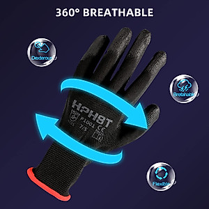 HPHST PU Coated Safety Work Gloves, 12 Pairs Work Gloves Mechanic Working Seamless Knit Glove for Men Women with Polyurethane Coated Smooth Excellent Grip on Palm&Fingers - Black (Large)