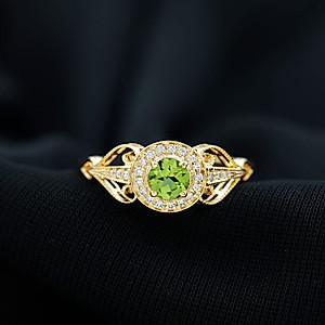Rosec Jewels Certified Peridot and Diamond Vintage Inspired Engagement Ring | 5 MM | AAA Quality, 14K Yellow Gold, Size:US 9.50