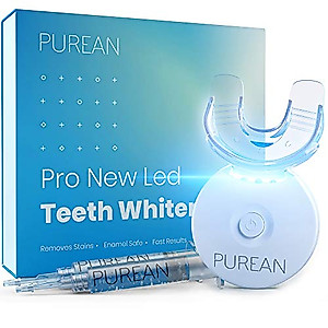 Purean Teeth Whitening Kit with LED Light – 2 Syringes of 5ml Professional 35% Carbamide Peroxide Tooth Whitener Gel – Bright White Smile Set with Mouth Tray